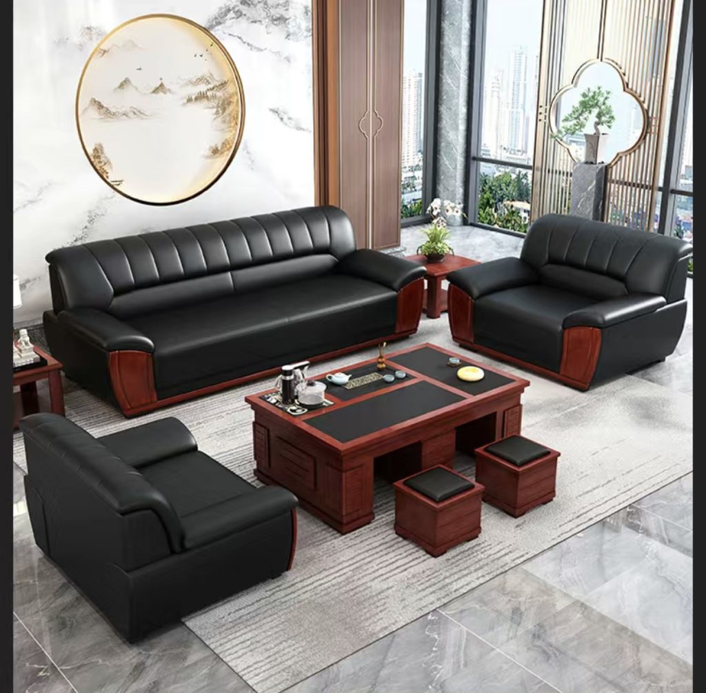 #1+1+3 black air leather Lounge Suite with Wooden Accents - OPPEIN HOME NZ